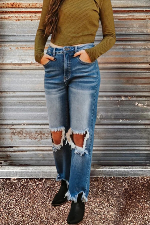 Wash High Rise Knee Rip Frayed Hem Jeans – My Store