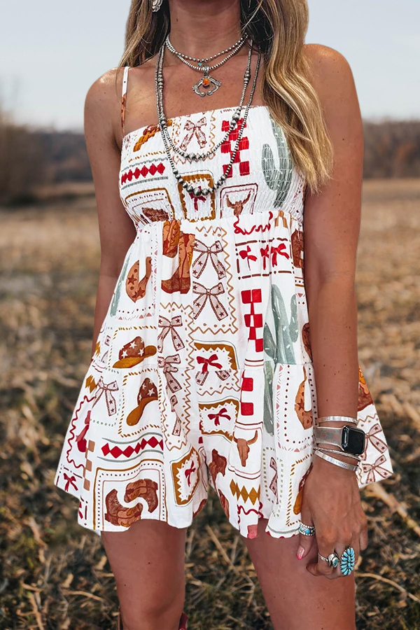 Western Print Pleated Wide-Leg Romper – My Store